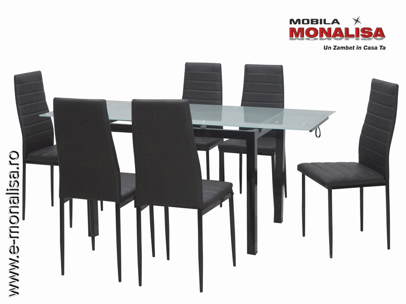 Masa Extensibila Sticla si/cu 6 Scaune Next Negru | Mese extensibile