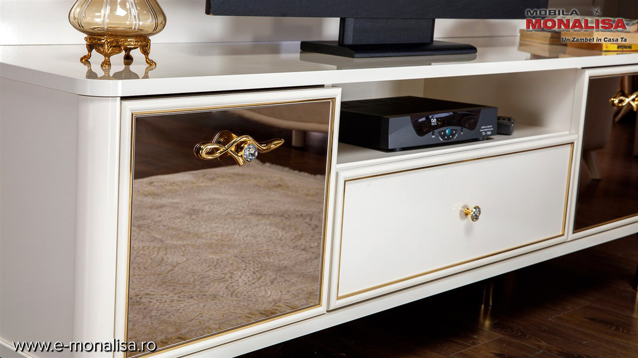 Comoda tv alba cu auriu si cristal Lorenz | Oferta Comode tv de Lux