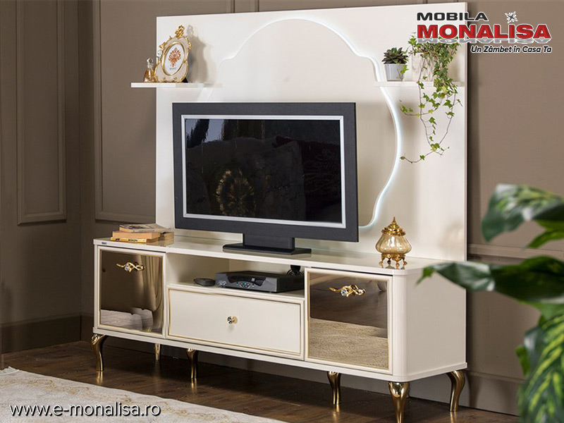 Comoda tv alba cu auriu si cristal Lorenz | Oferta Comode tv de Lux
